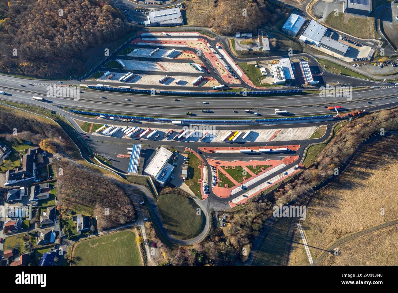 Aerial shots, motorway restaurant with truck parking lot, service area ...