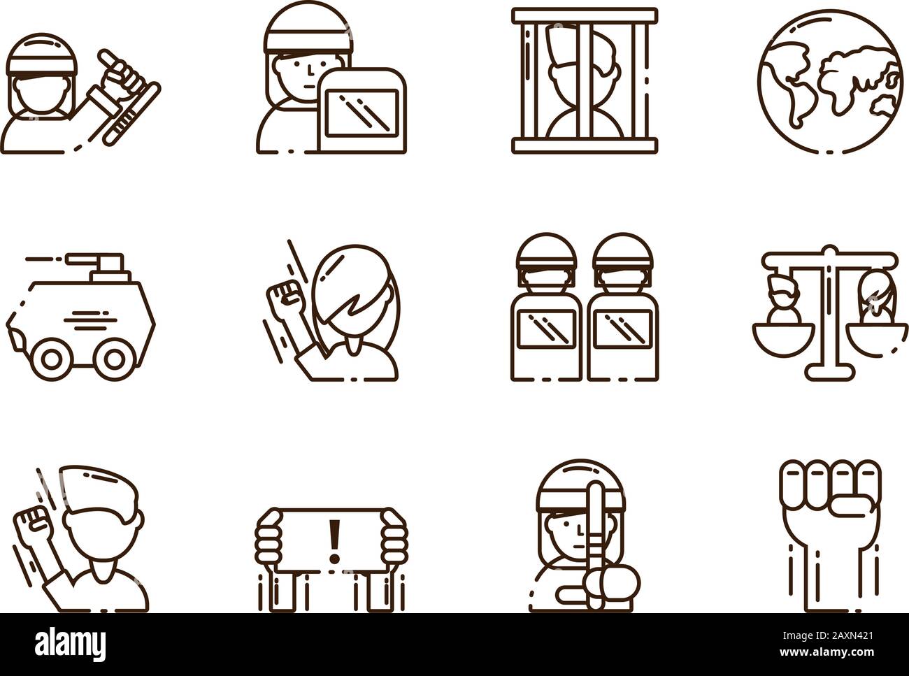 polices and protest icons set over white background, line design ...