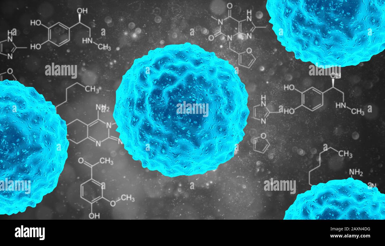 Microscopic view of influenza virus cells. 3D medical illustration ...