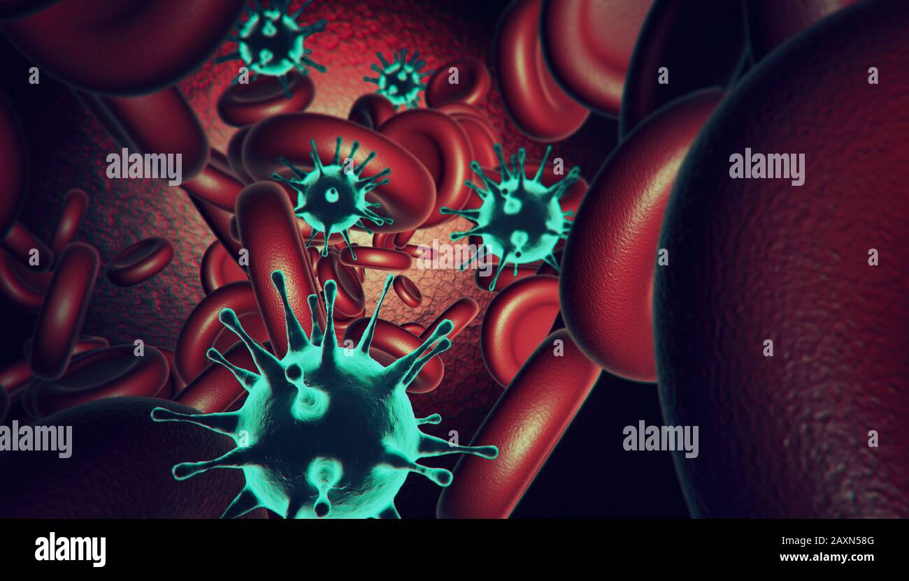 Microscopic view of influenza virus cells. 3D medical illustration ...