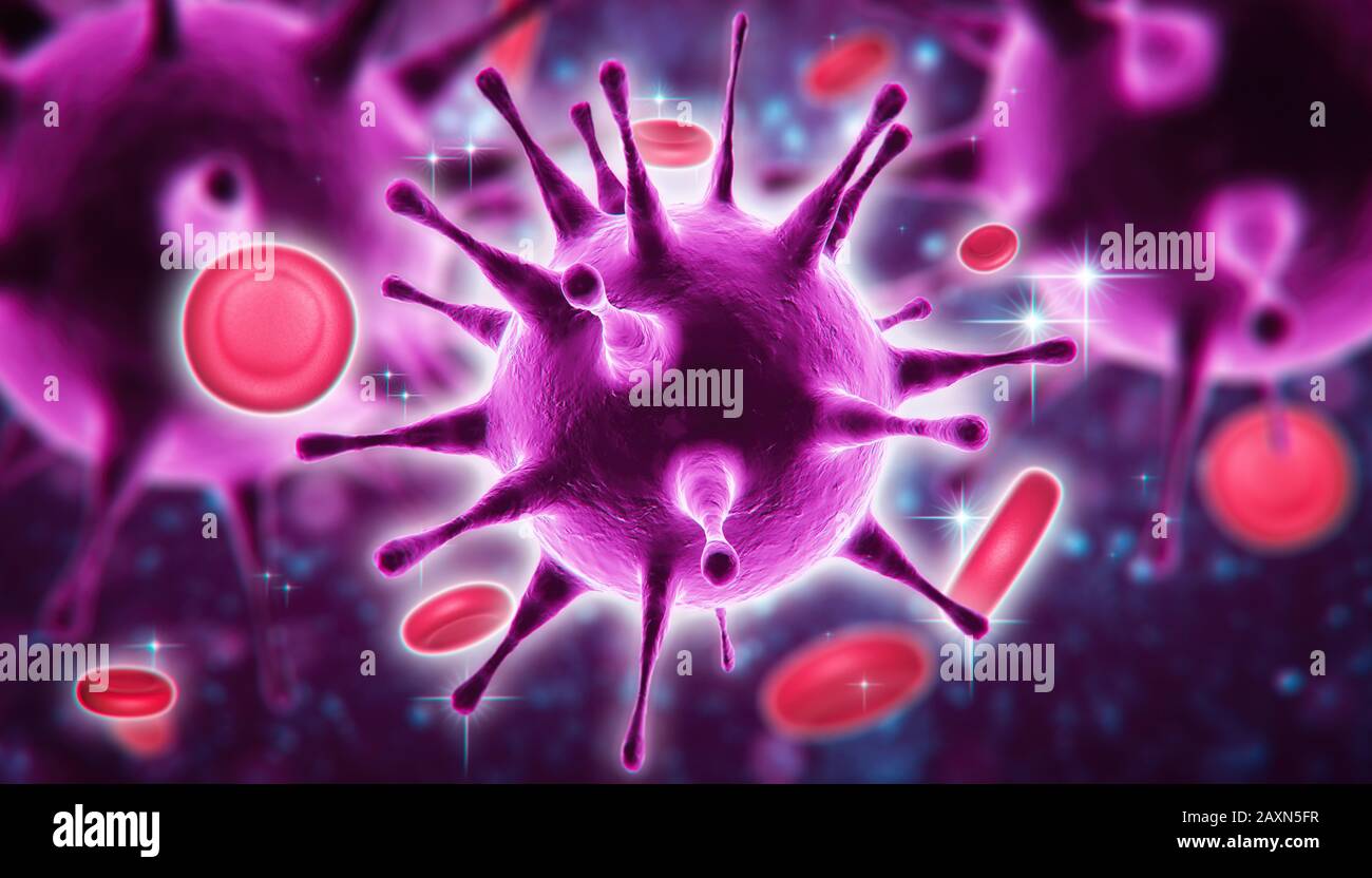 Microscopic view of influenza virus cells. 3D medical illustration ...