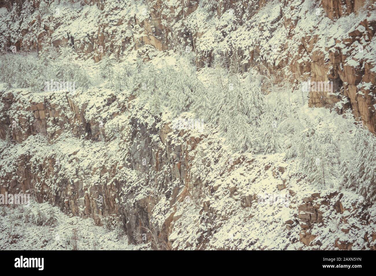 snow-covered slopes of the granite quarry filter natural background ...