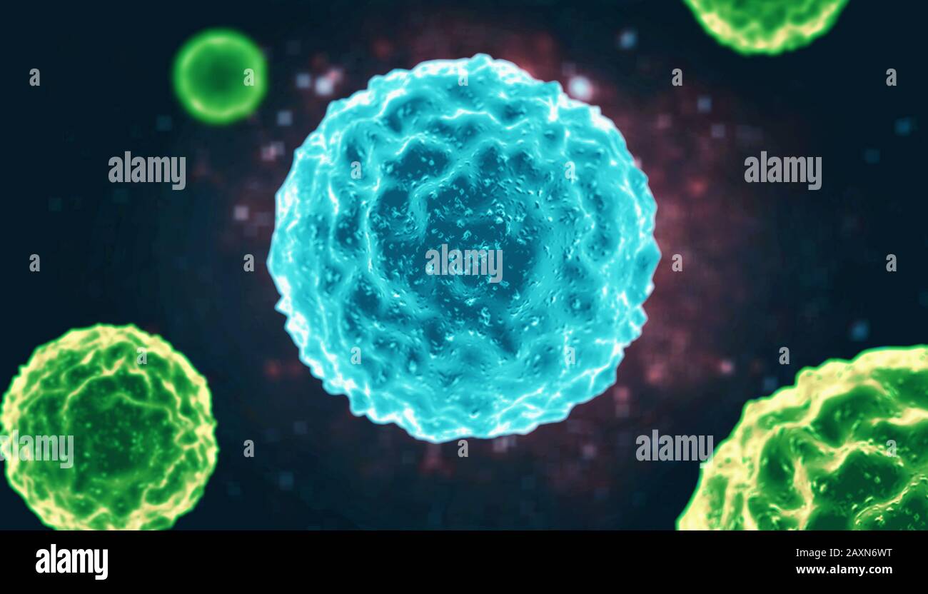 Microscopic view of influenza virus cells. 3D medical illustration ...