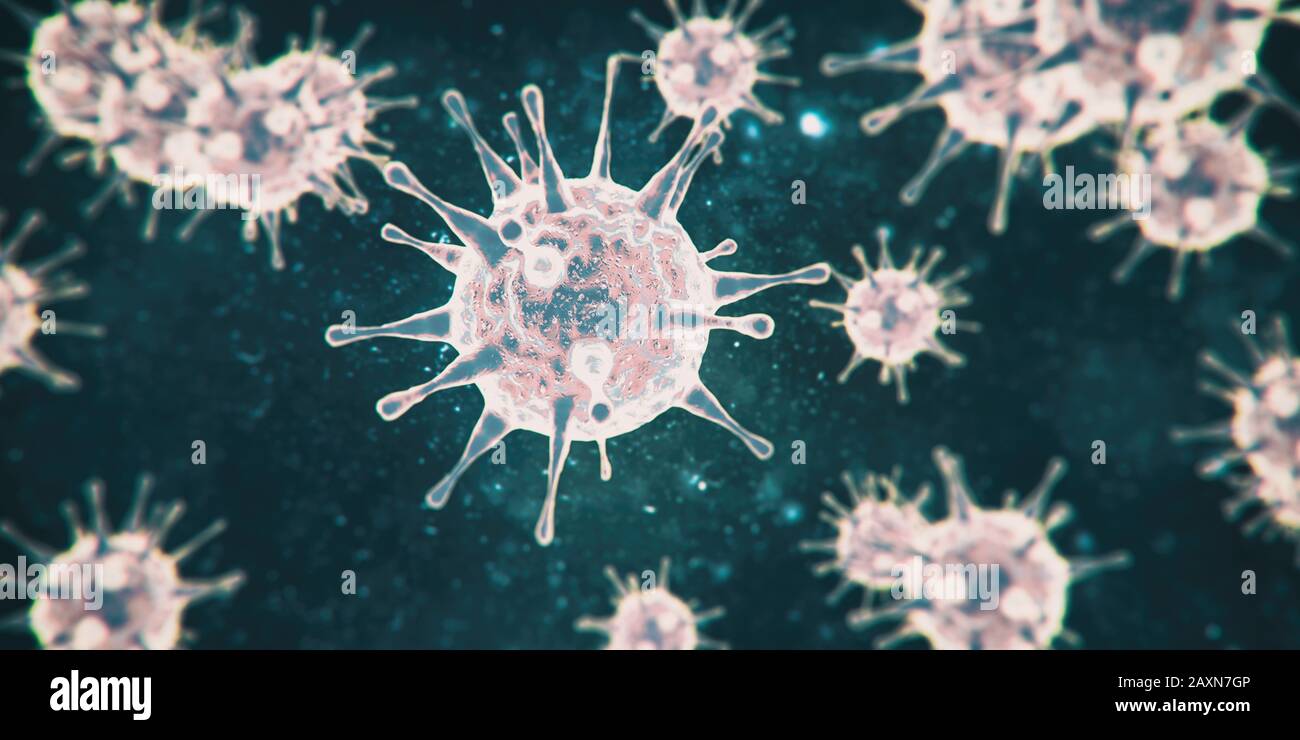 Microscopic view of influenza virus cells. 3D medical illustration ...