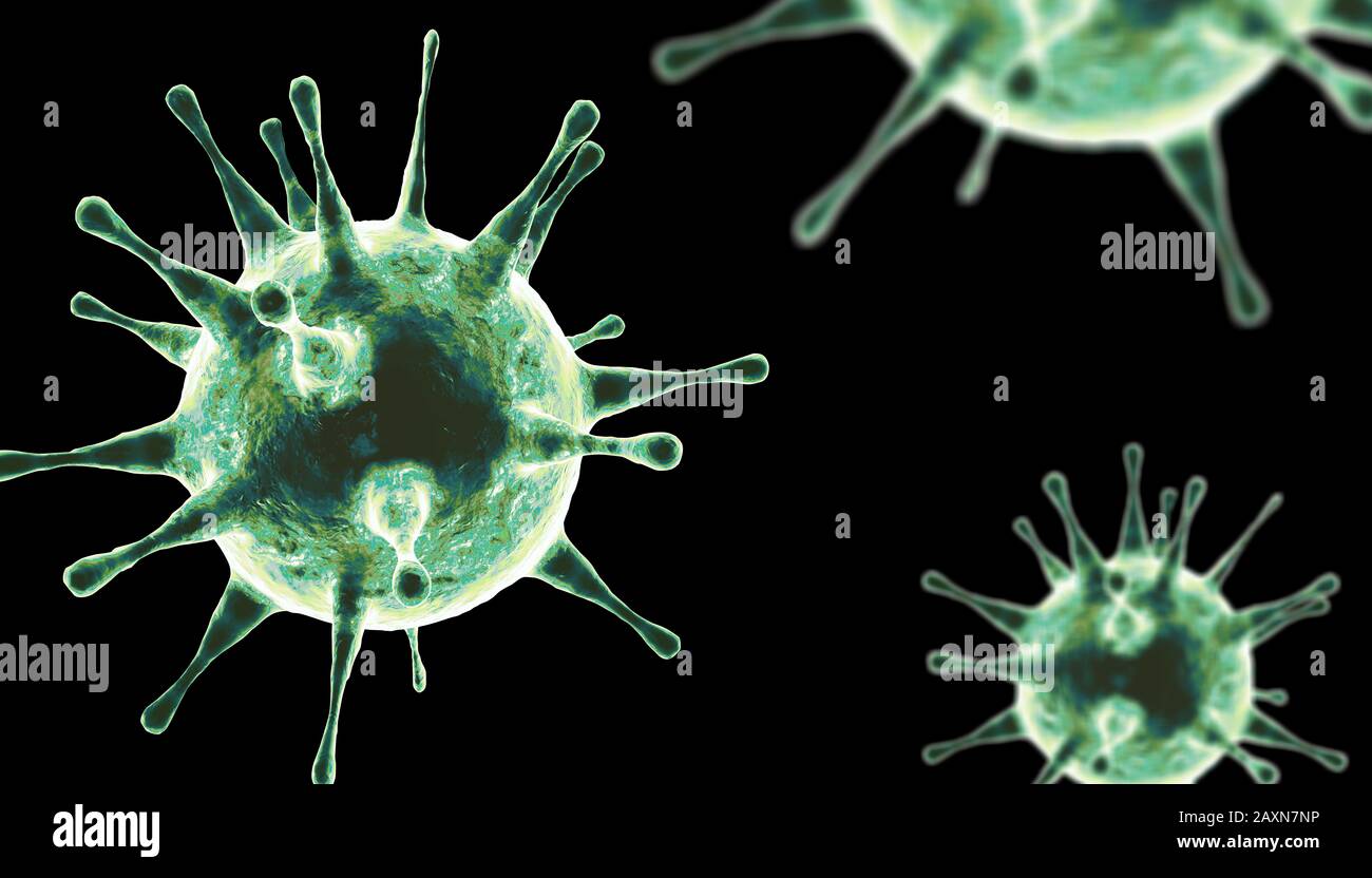Microscopic view of influenza virus cells. 3D medical illustration ...