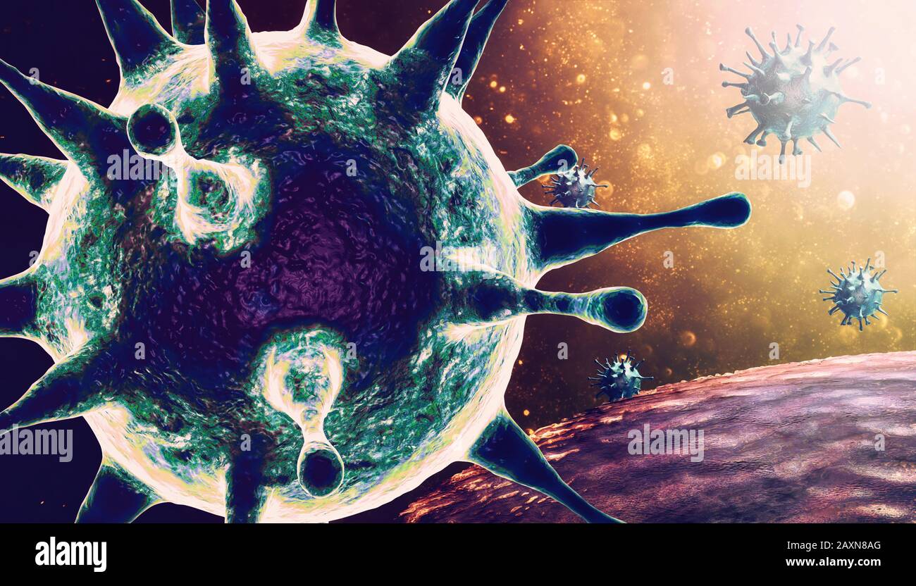 Microscopic view of influenza virus cells. 3D medical illustration ...