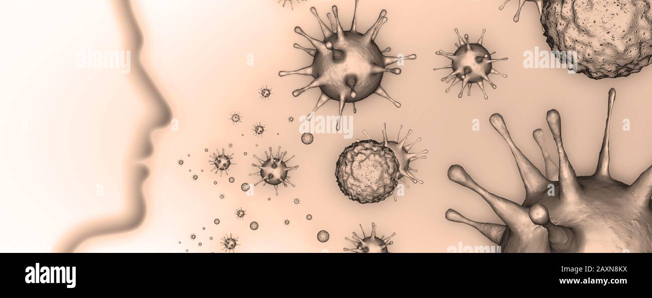 Microscopic view of influenza virus cells. 3D medical illustration ...