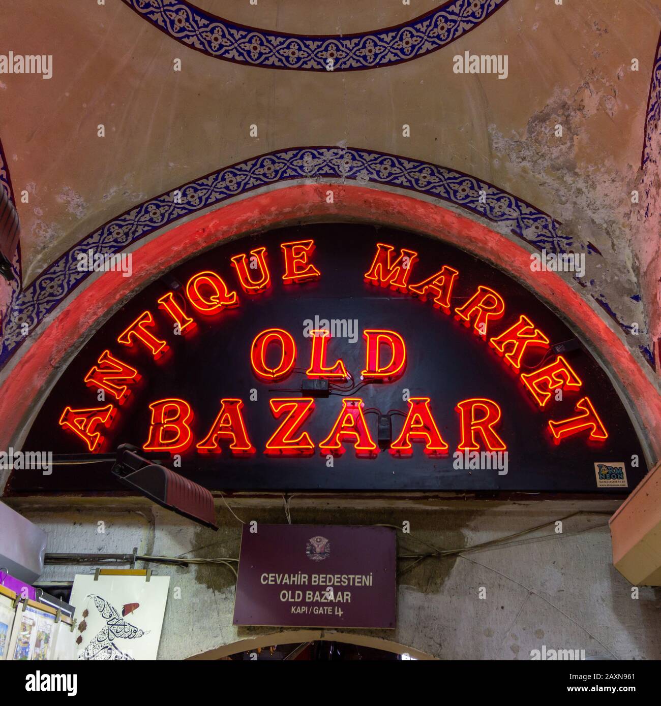 June 18, 2019 - Istanbul, Turkey - Neon sign "Antique Market Old Bazaar ...