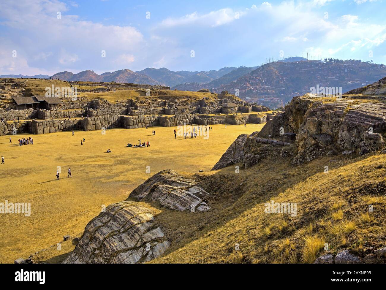 Panorama of the ruins with typical stone walls of the Inca's fortress ...