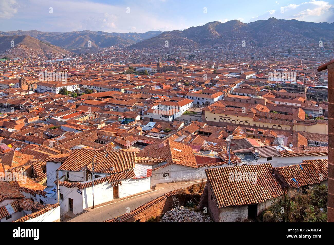 Panorama of the Old Town with evening sun, Cuzco, Andes highland, Peru ...