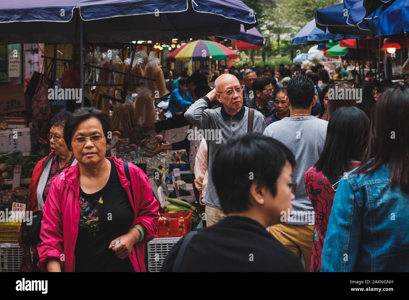 HongKong, China - November, 2019: People on crowded street food market ...