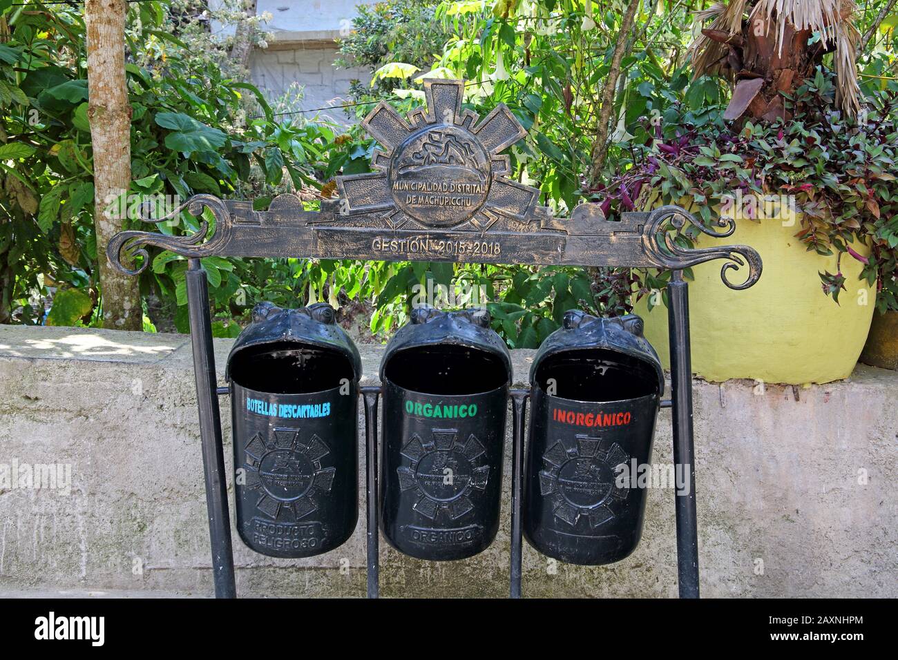 Garbage can for garbage separation in the village, Aguas Calientes ...