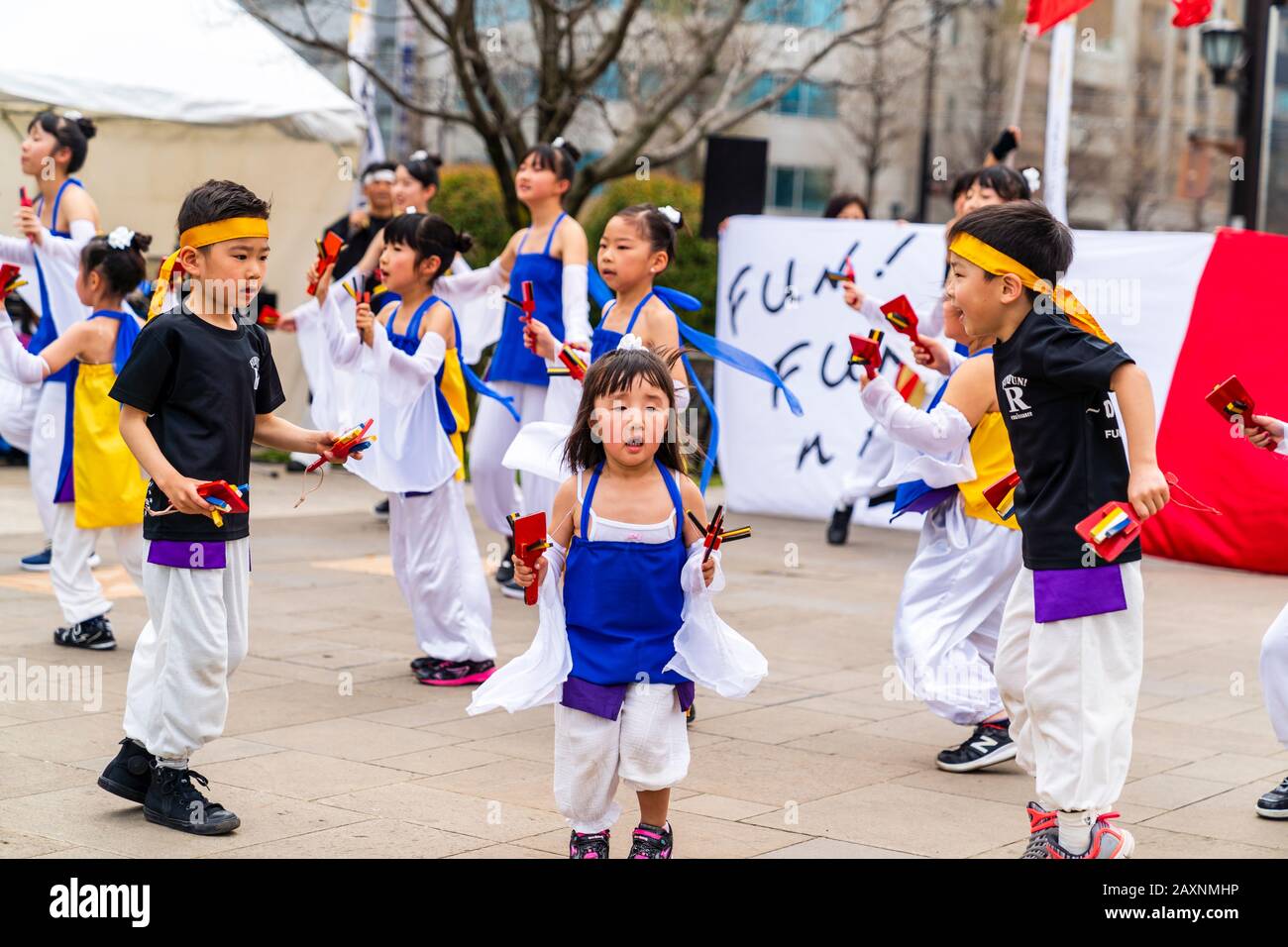 Yosakoi child dancers, dancing with naruko, clappers, outdoors at the ...