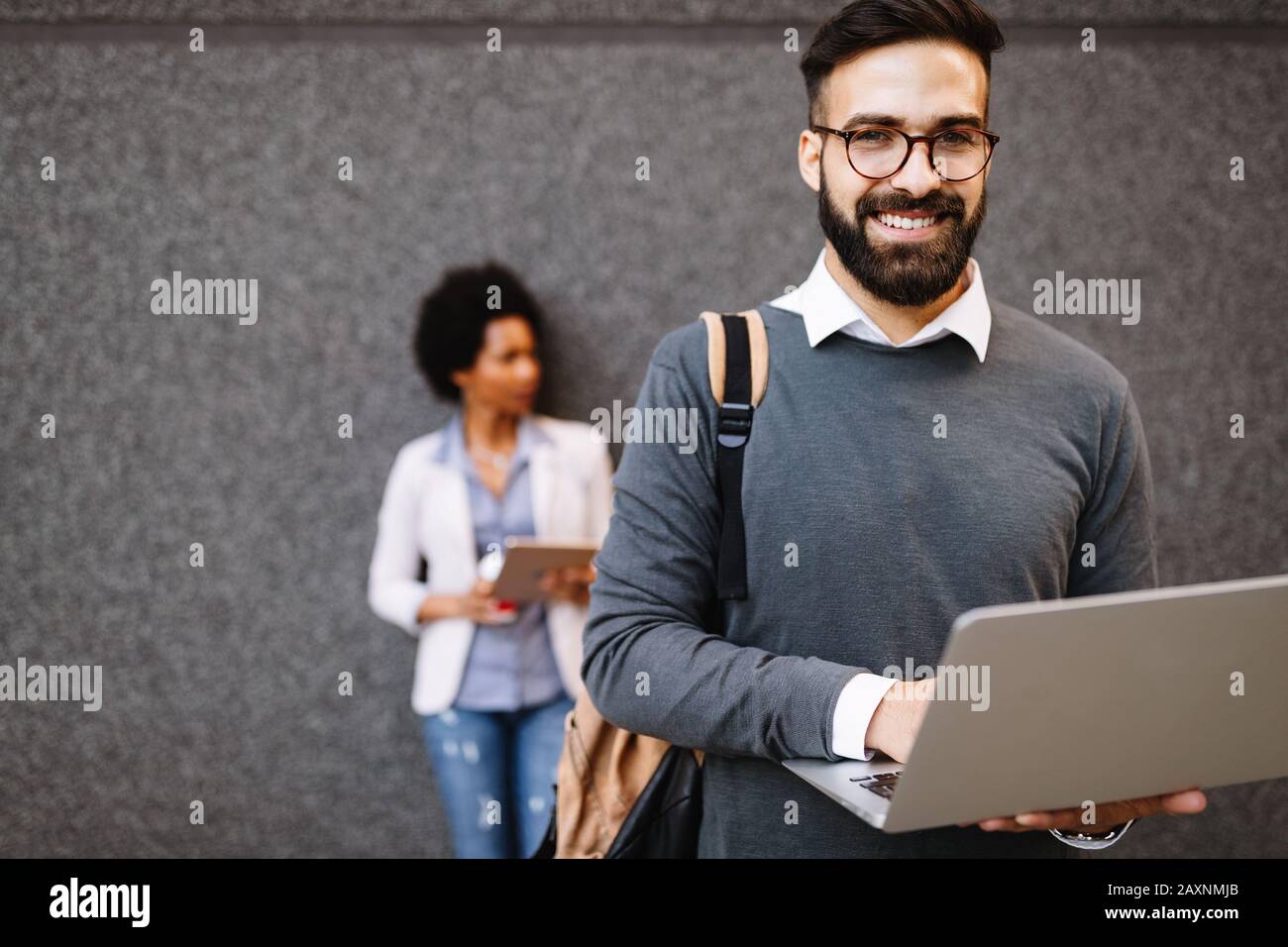Happy business people, students having fun, smiling, talking in the ...