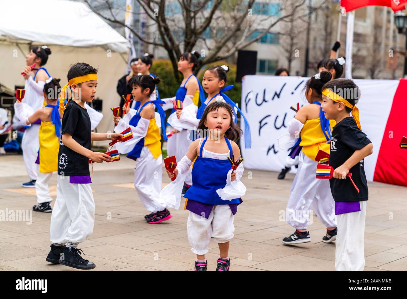 Yosakoi child dancers, dancing with naruko, clappers, outdoors at the ...