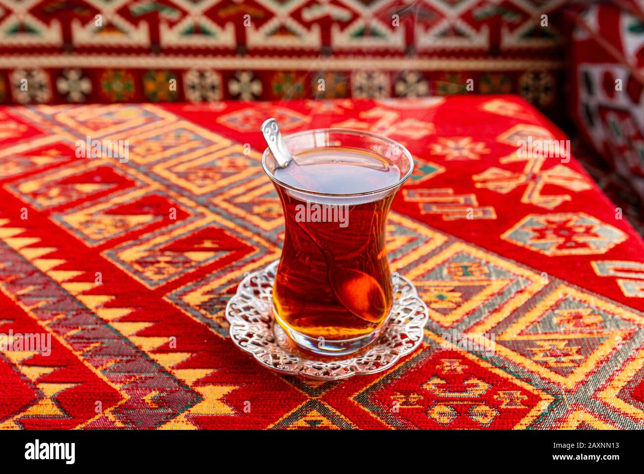 Hot Turkish Tea Cup on a Table with traditional Turkish Tablecloth ...