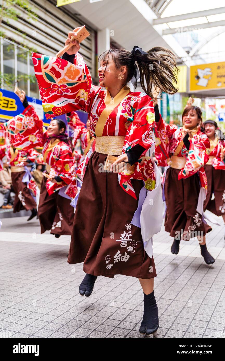 Japanese young woman holding naruko, wooden clappers, in a Yosakoi ...