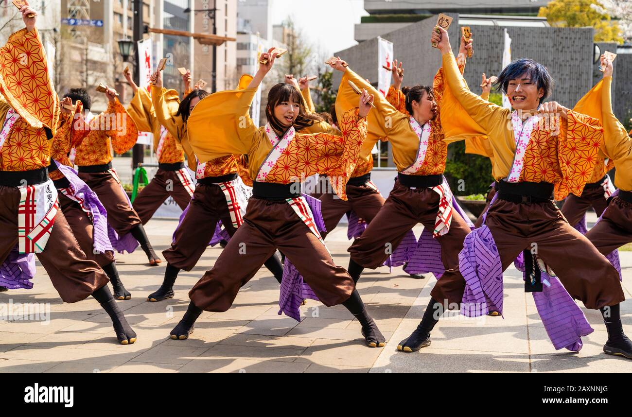 Japanese Yosakoi dance group, dancing outdoors in public square at the ...