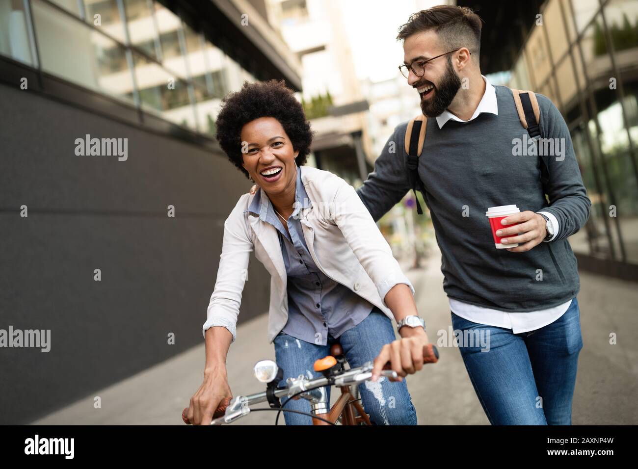 Happy business people, students having fun, smiling, talking in the ...