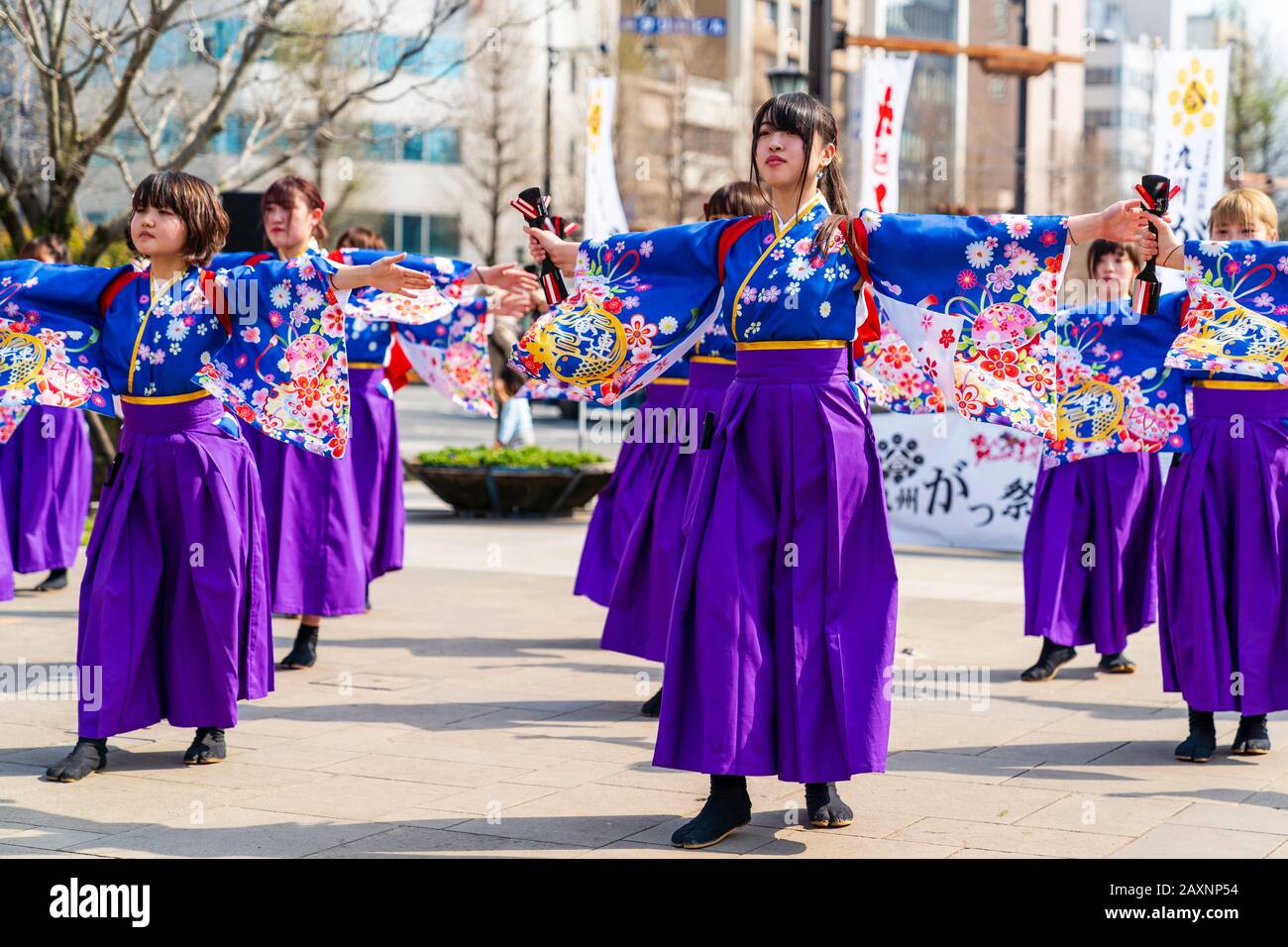 Japanese women yosakoi dance group dancing in public square at the ...