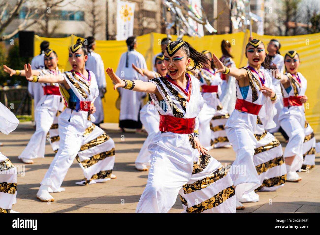Japanese Yosakoi dance group dancing in public square at the Kyusyu ...