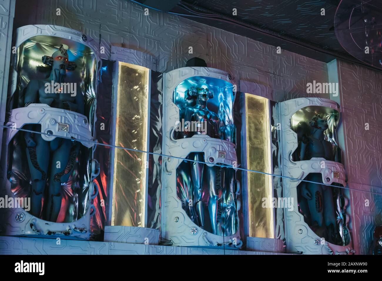 London, UK - November 26, 2019: Futuristic booth decor inside Cyberdog ...