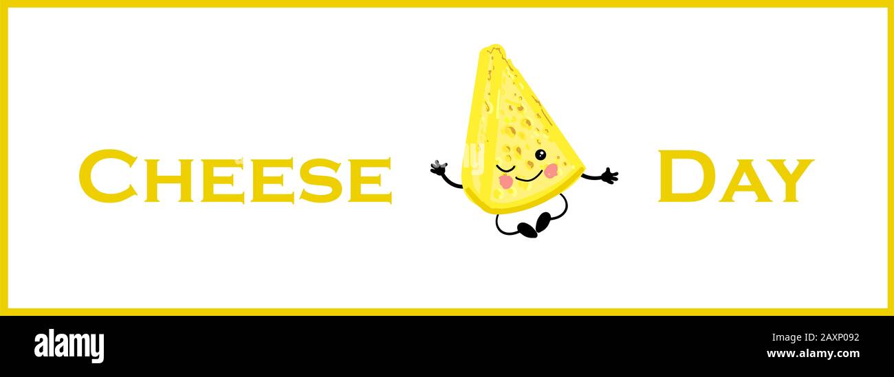 Horizontal banner. Postcard to the day of cheese. Cute cheesy character ...