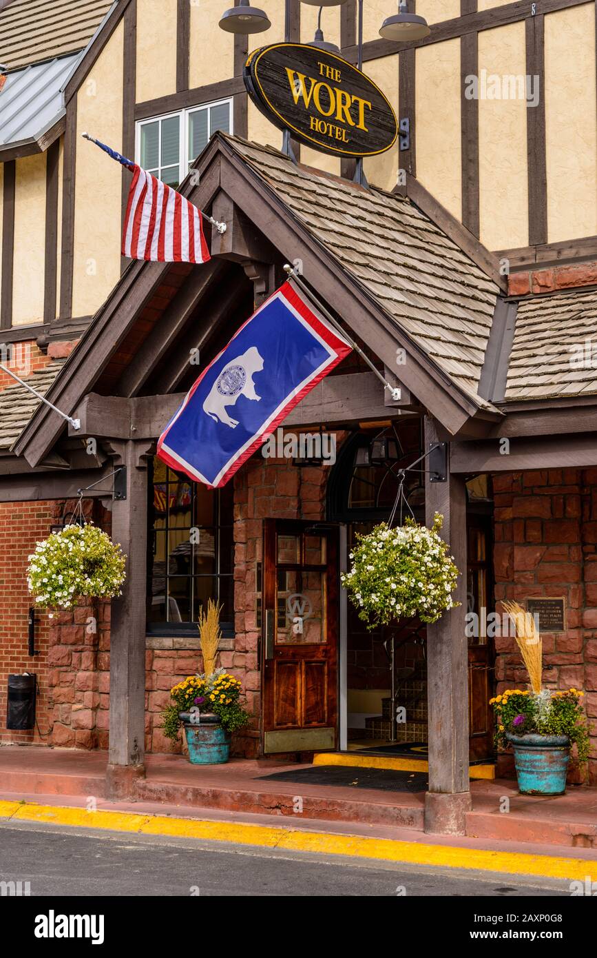 The USA, Wyoming, Jackson Hole, Jackson, The word Hotel Stock Photo - Alamy