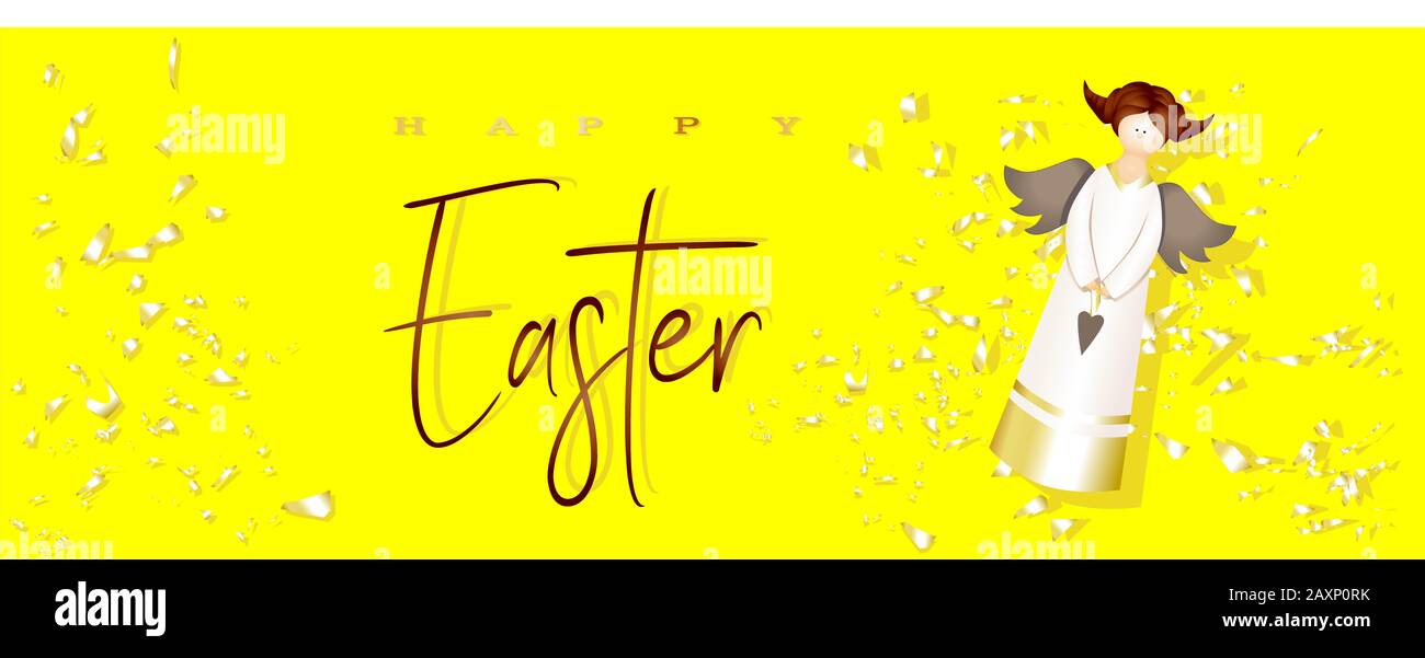 Easter poster and banner template with angel on a bright yellow ...