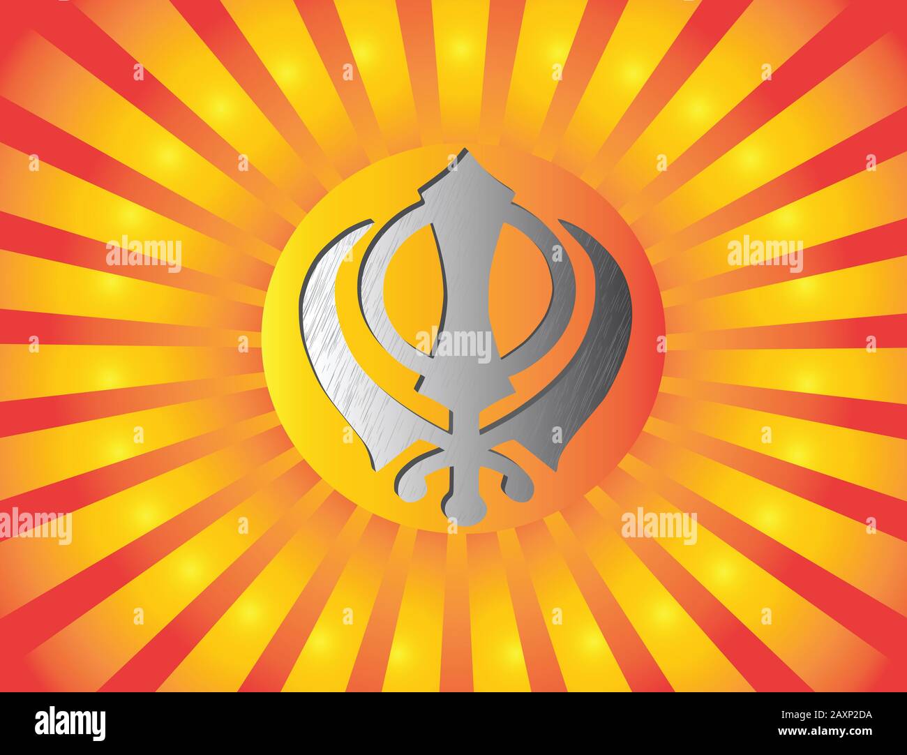 The main symbol of Sikhism – sign Khanda. Red and gold gradient rays ...