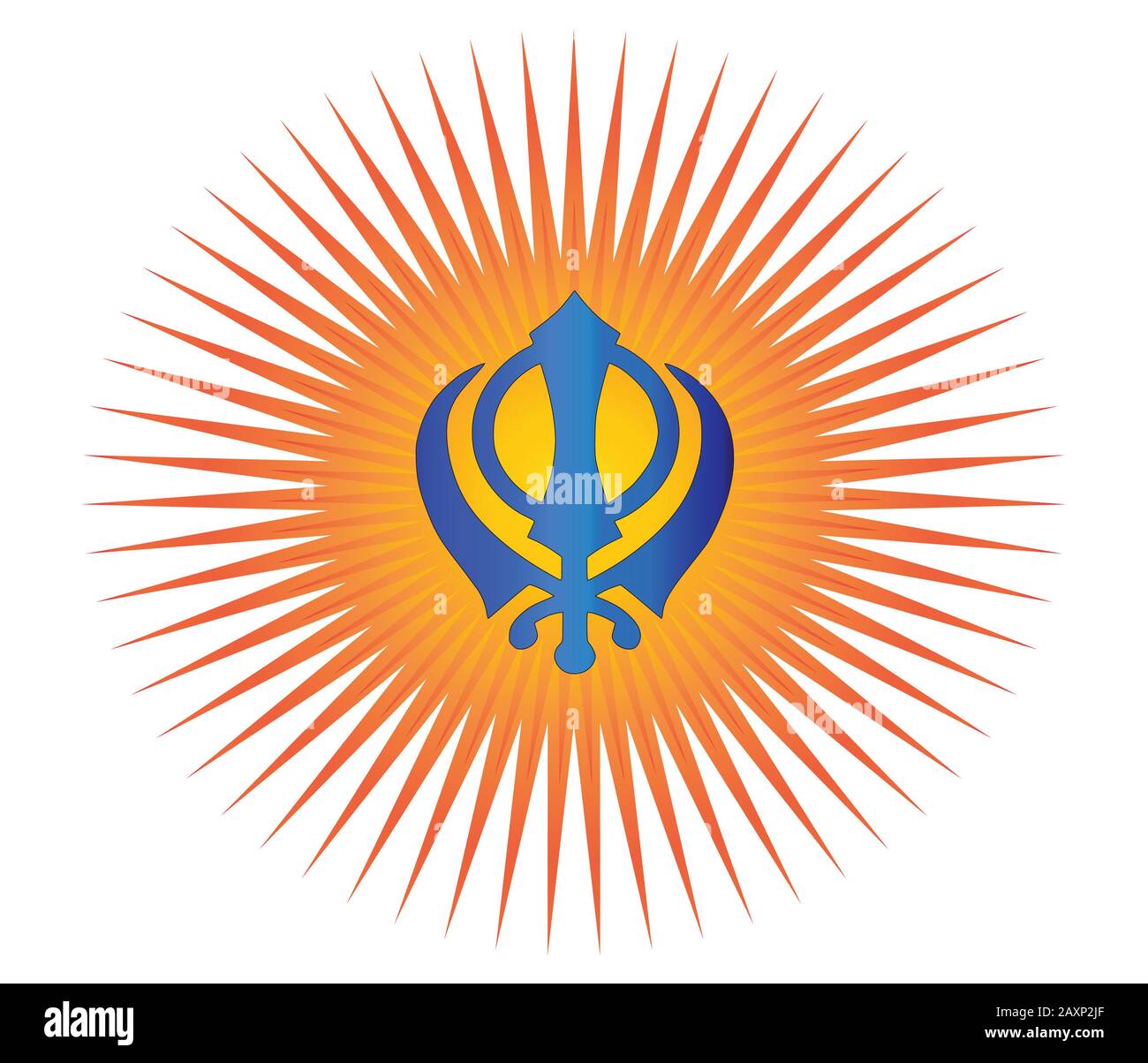 The main symbol of Sikhism – sign Khanda. Red and gold gradient rays ...