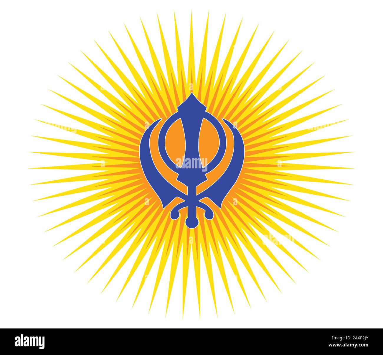 The main symbol of Sikhism – sign Khanda. Red and gold gradient rays ...