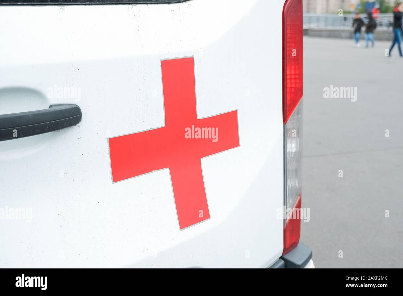 RUSSIA, MOSCOW , may 21, 2019. the red cross on the white hood of the ...