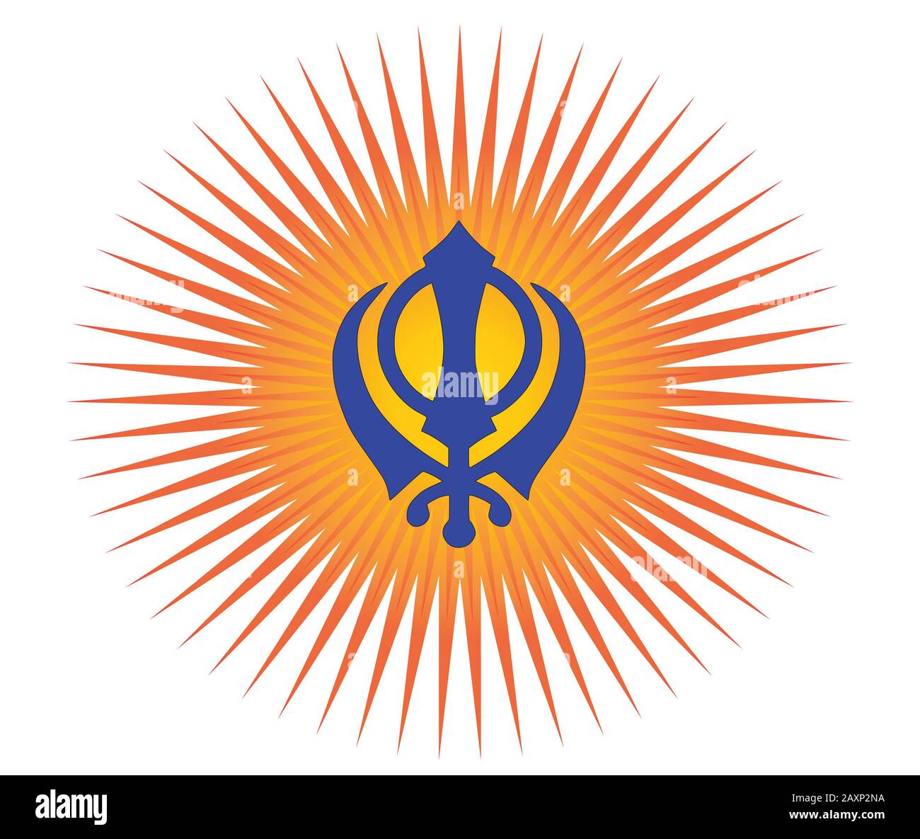 The main symbol of Sikhism – sign Khanda. Red and gold gradient rays ...