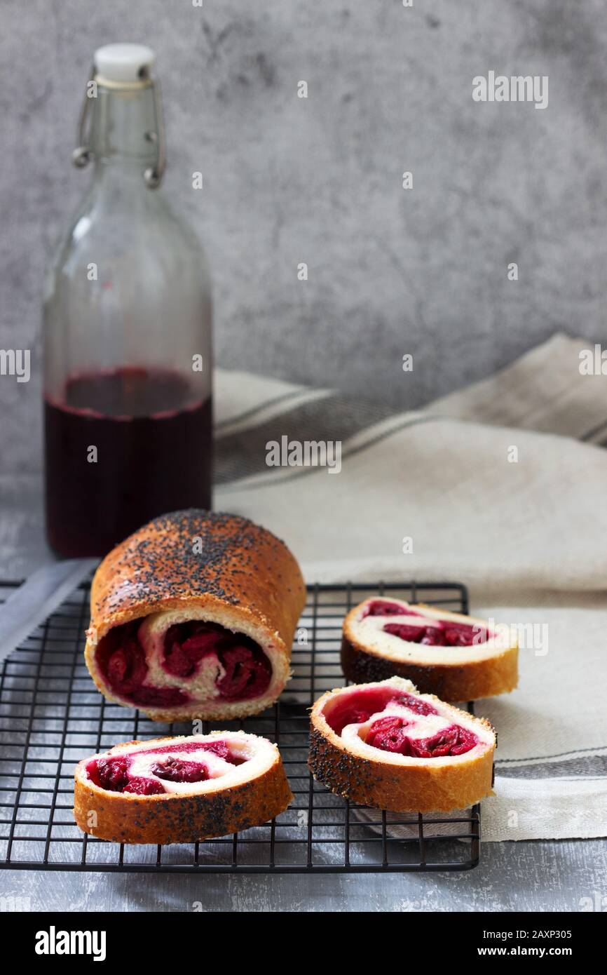 Traditional Moldovan or Romanian cake from yeast dough with cherries ...