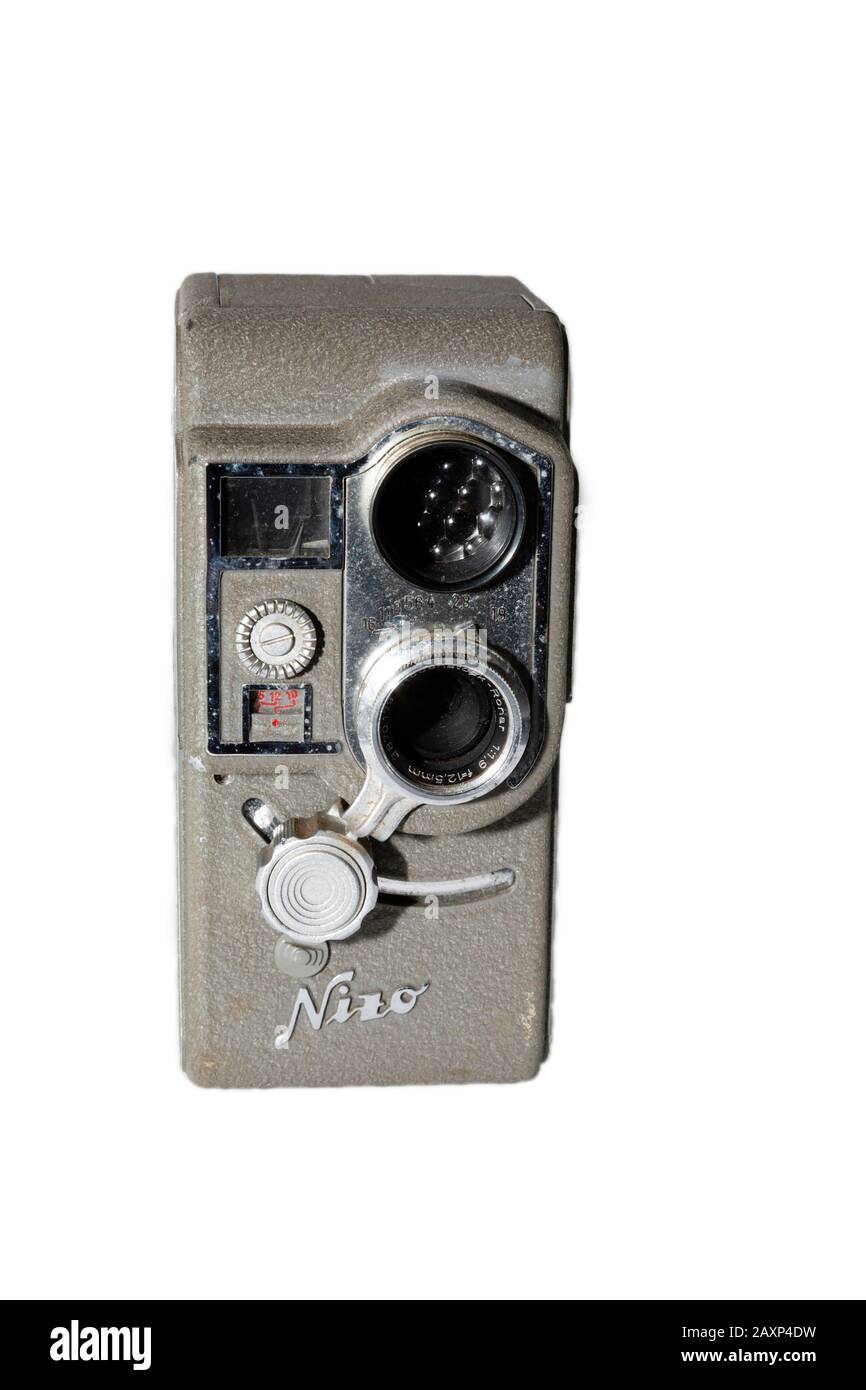 Old Antique Nizo Exposomat 8T cine camera, cut out on white background ...