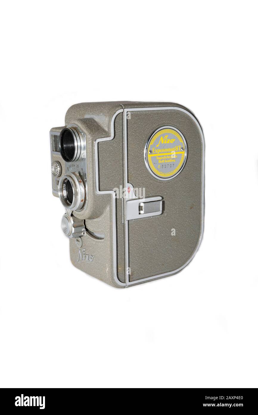 Old Antique Nizo Exposomat 8T cine camera, cut out on white background ...