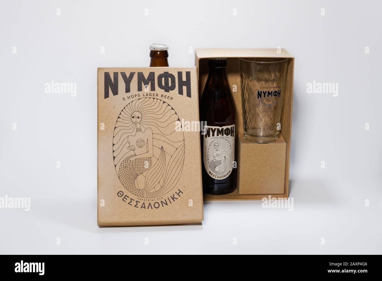 Nymphi Greek lager 500 ml beer gift box. Hellenic beer on a paper box ...