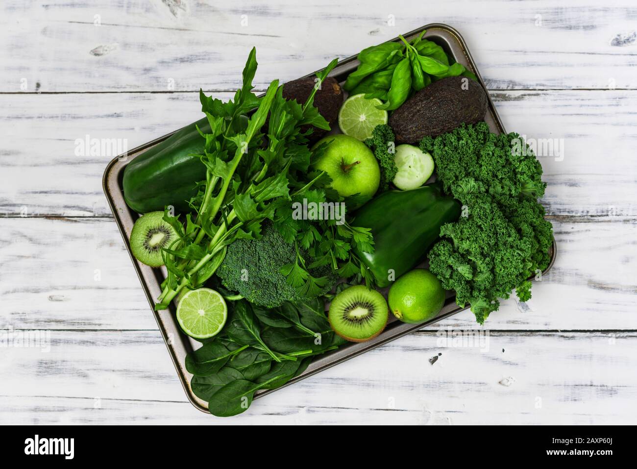 Selection of healthy green food fresh vegetables and fruit Stock Photo ...