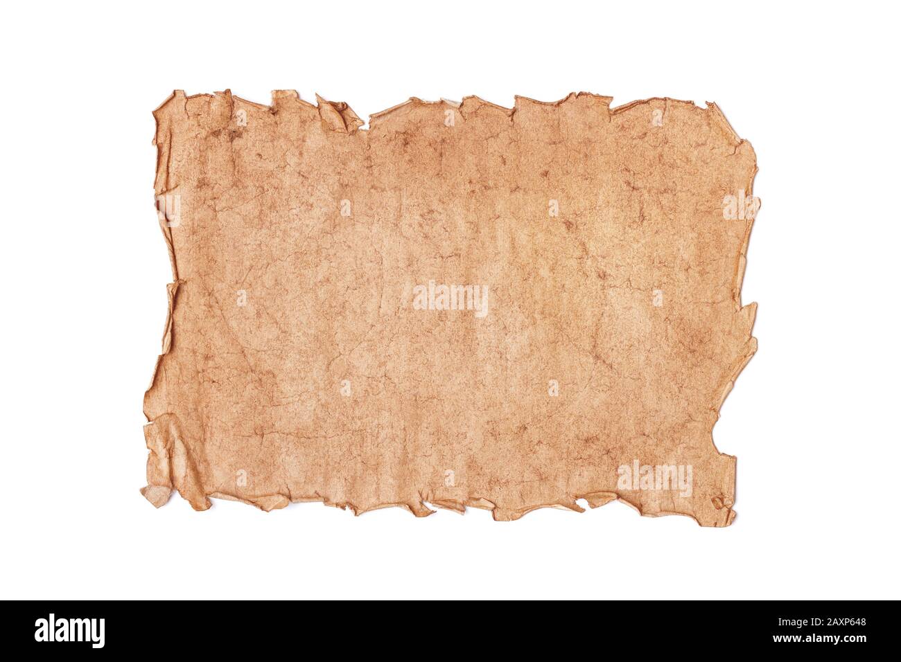 Flat lay sheet of blank ancient shabby torn paper or parchment isolated ...