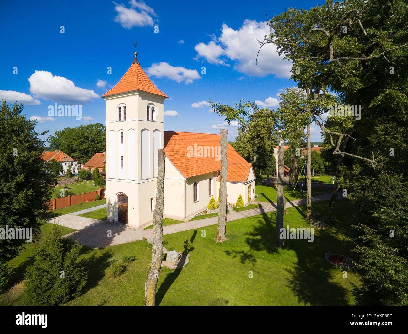 Aerial view of Holy Trinity Church in Budry, Poland (former Buddern ...