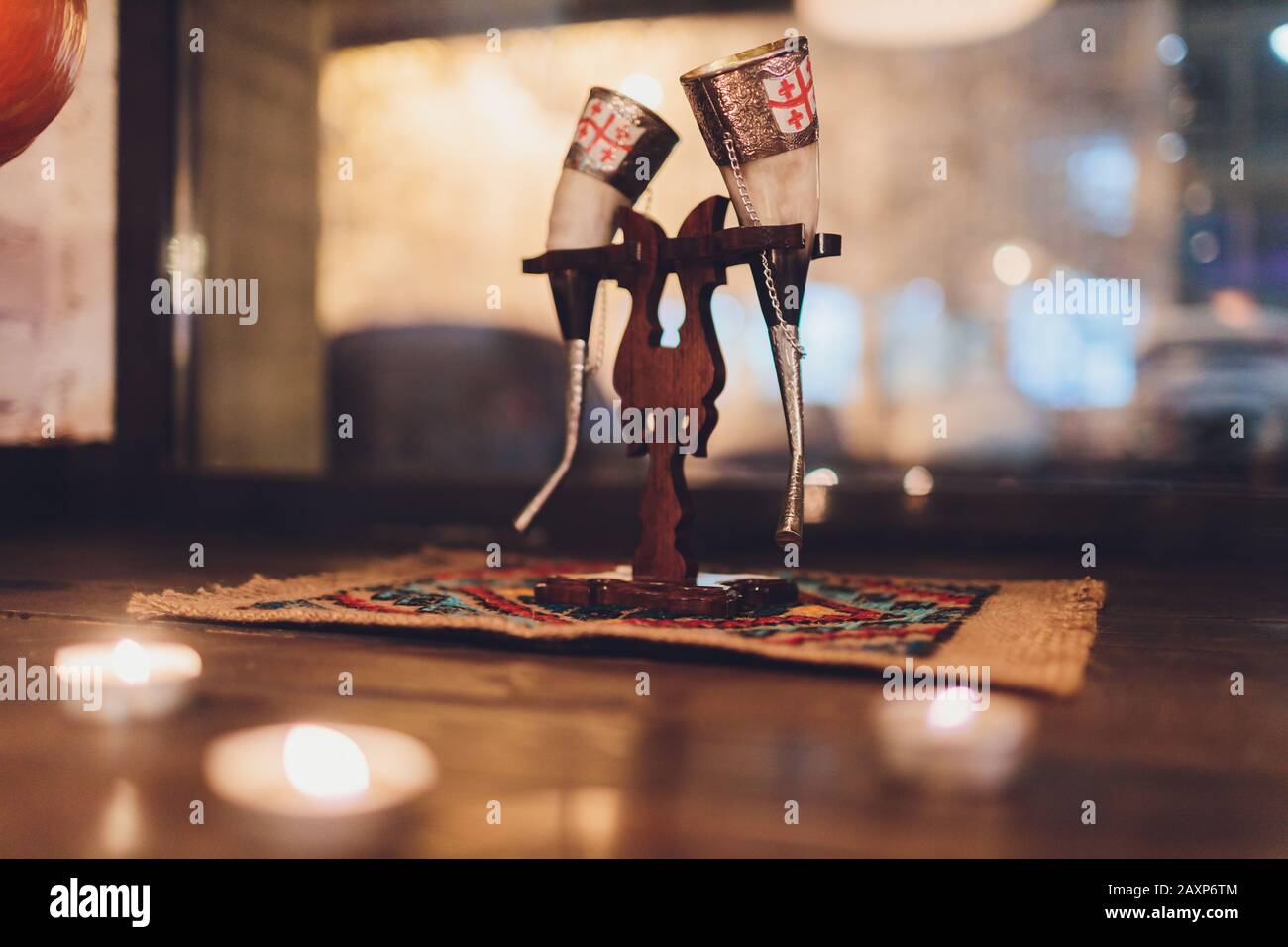 Expensive, Old and curved drinking horns, Geogria Stock Photo - Alamy