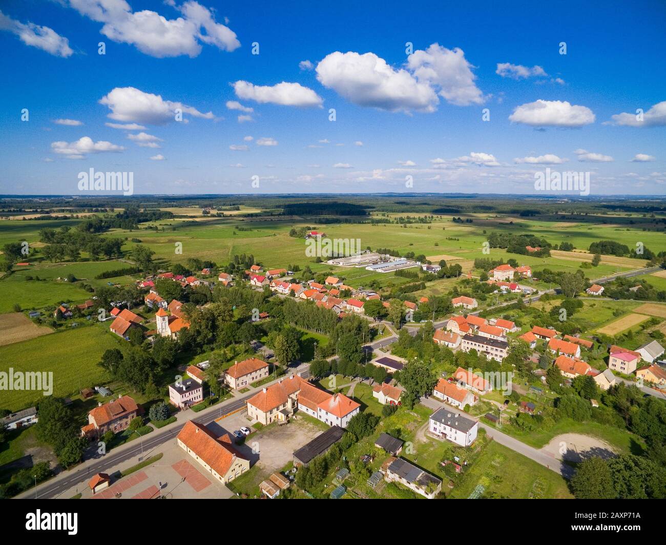 Aerial view of beautiful Budry village, Mazury, Poland (former Buddern ...