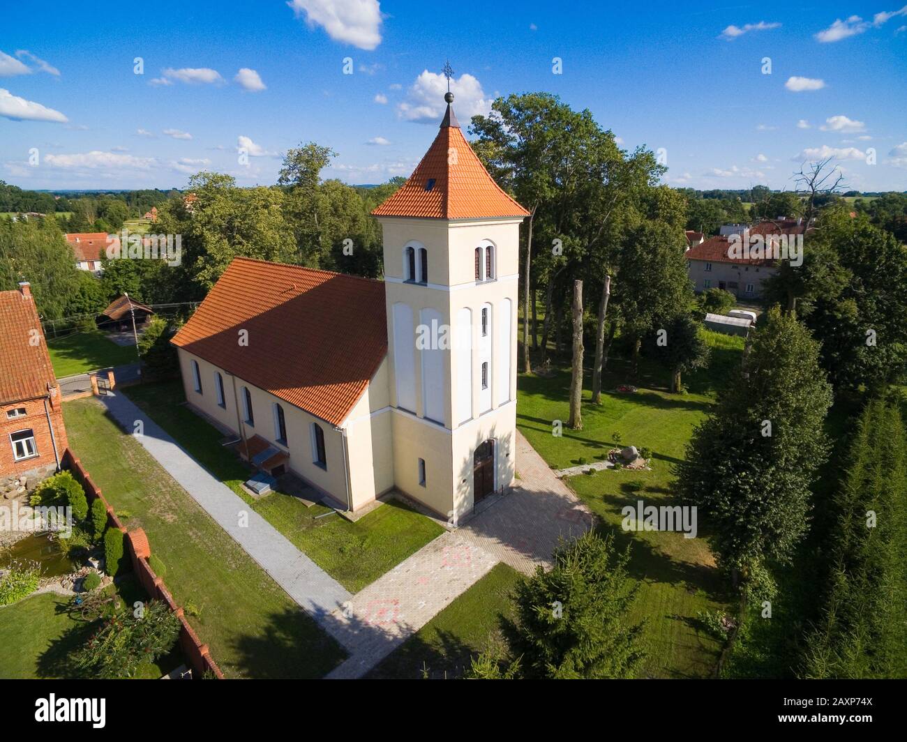 Aerial view of Holy Trinity Church in Budry, Poland (former Buddern ...