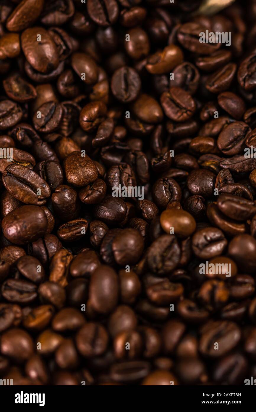 Roasted coffee beans detail, close up view, coffee concept, coffee ...