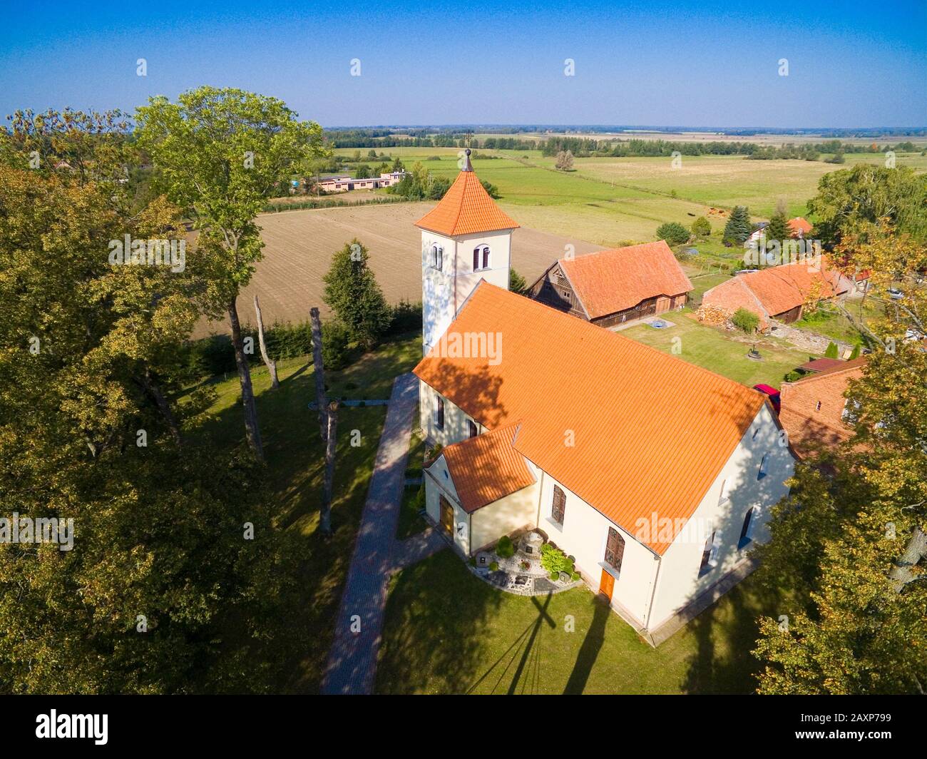 Aerial view of Holy Trinity Church in Budry, Poland (former Buddern ...