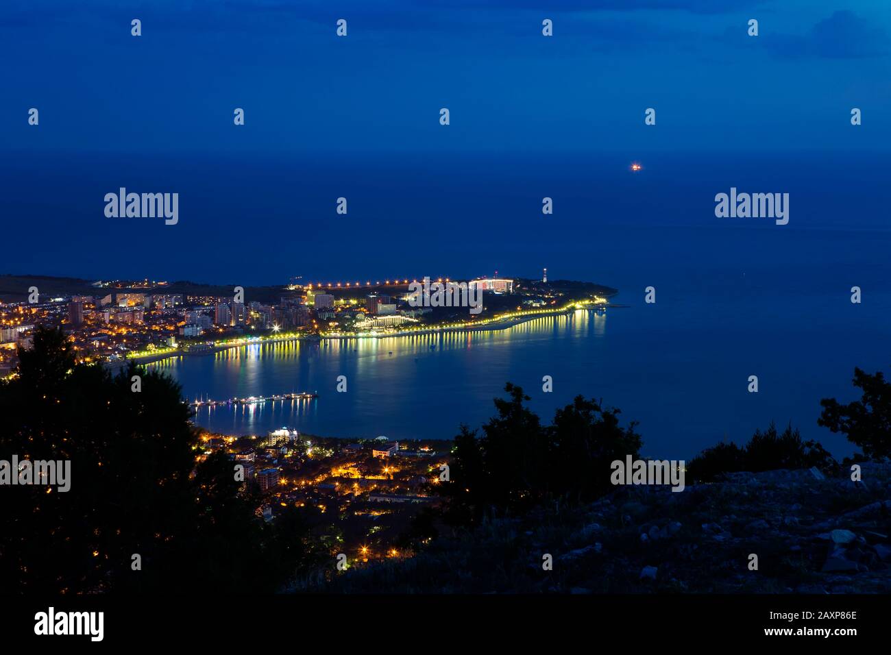 Gelendzhik Bay, Thick Cape and Gelendzhik lighthouse in the evening ...