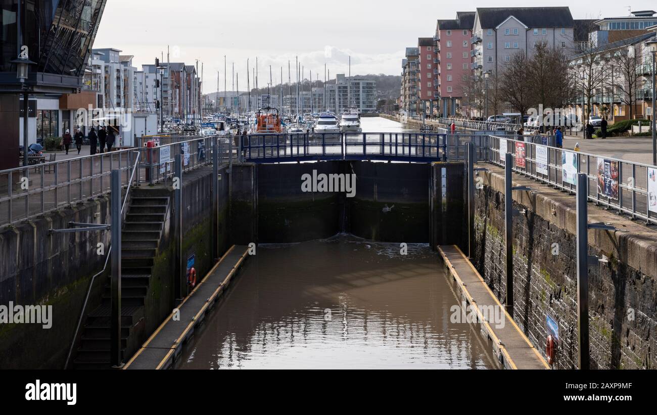 Portishead Quay Marina, England UK: The inner lock gate with backdrop ...
