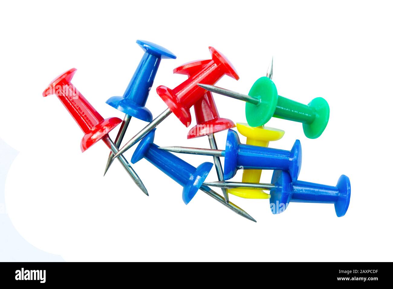 Push pin, red, blue, yellow, green isolated on white background with ...