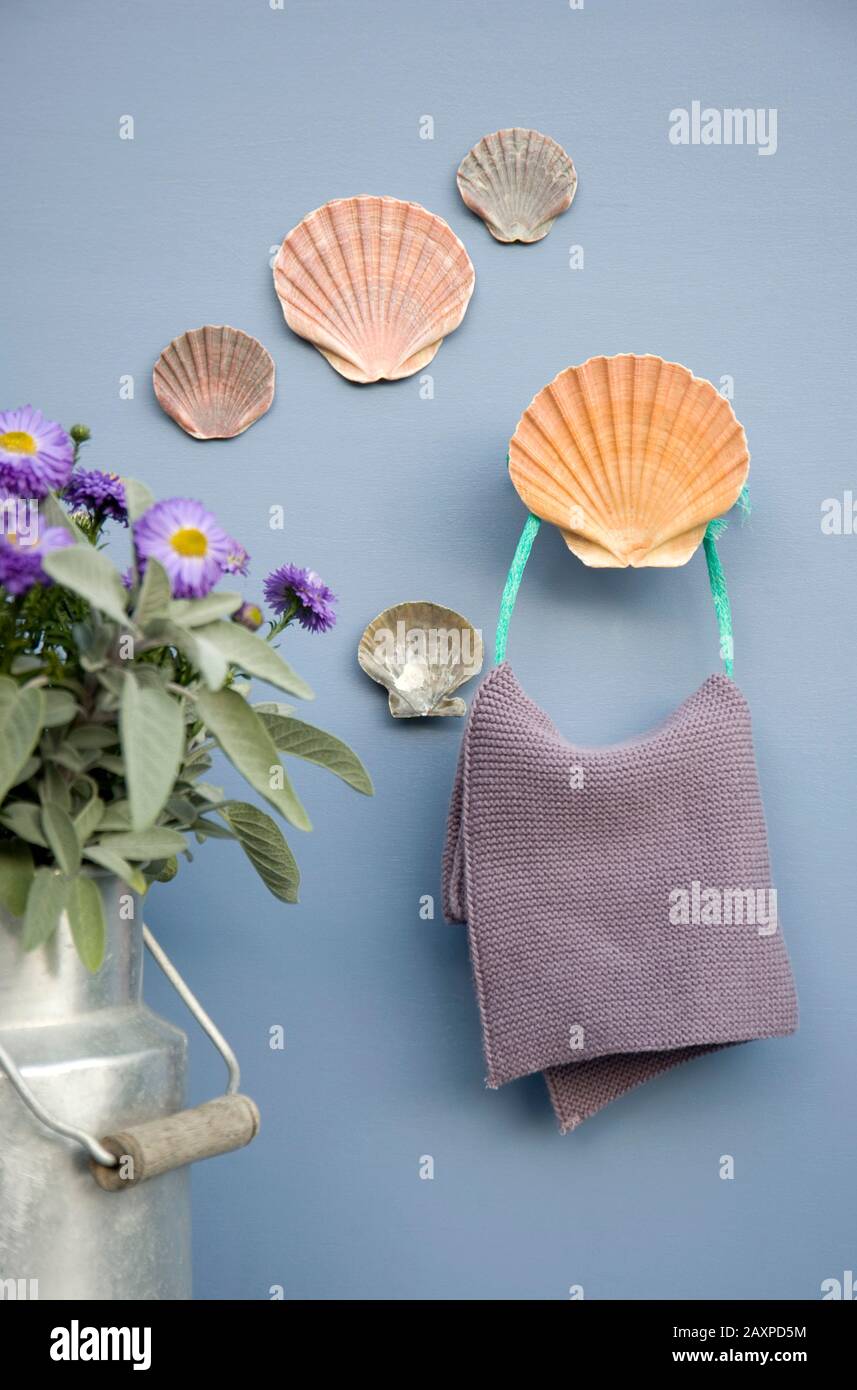 maritime DIY bathroom utensils made of flotsam and shells Stock Photo ...